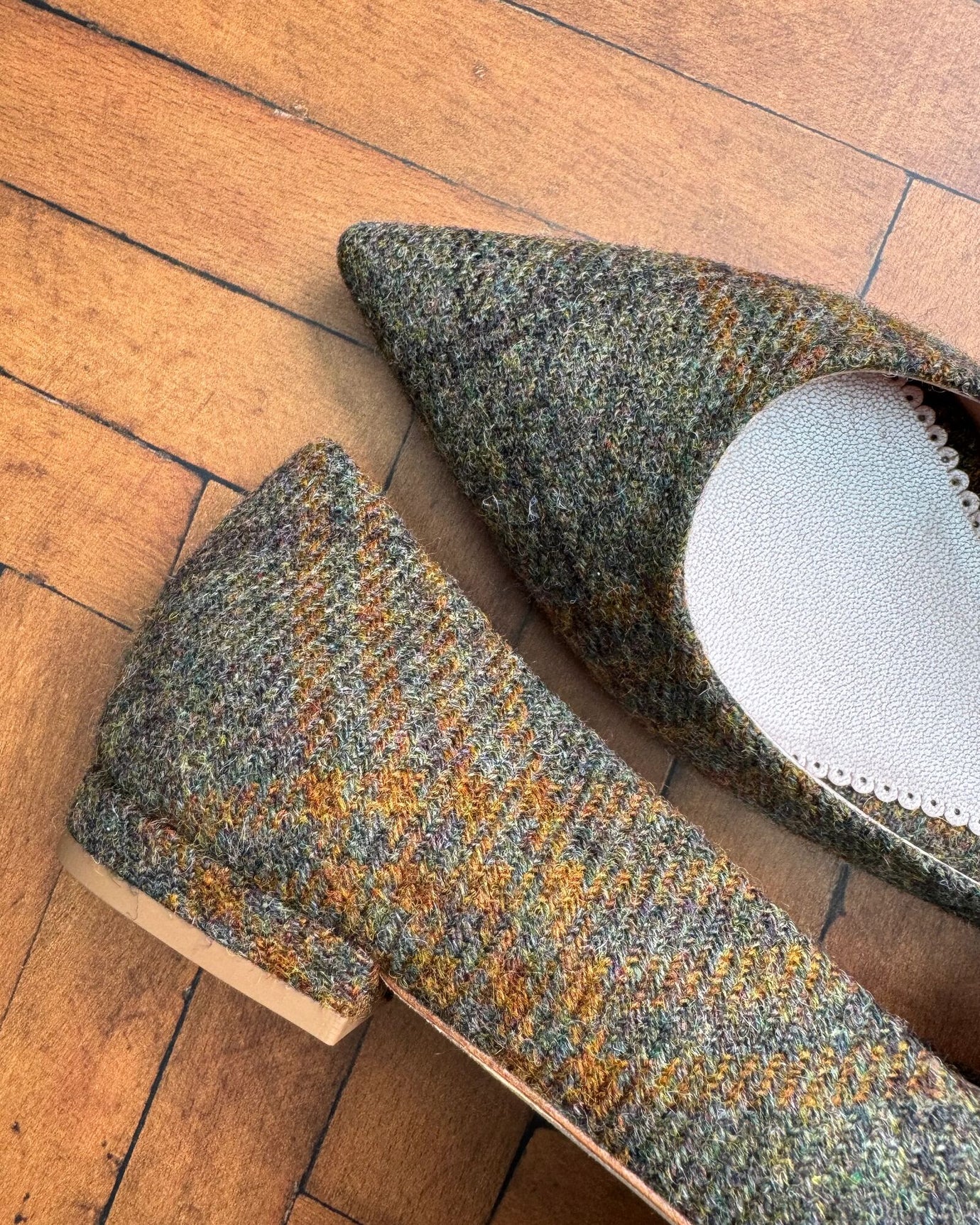 New for Autumn/Winter: Lulu Flat Pumps in Luxe Tweed, Moss Green Suede ...